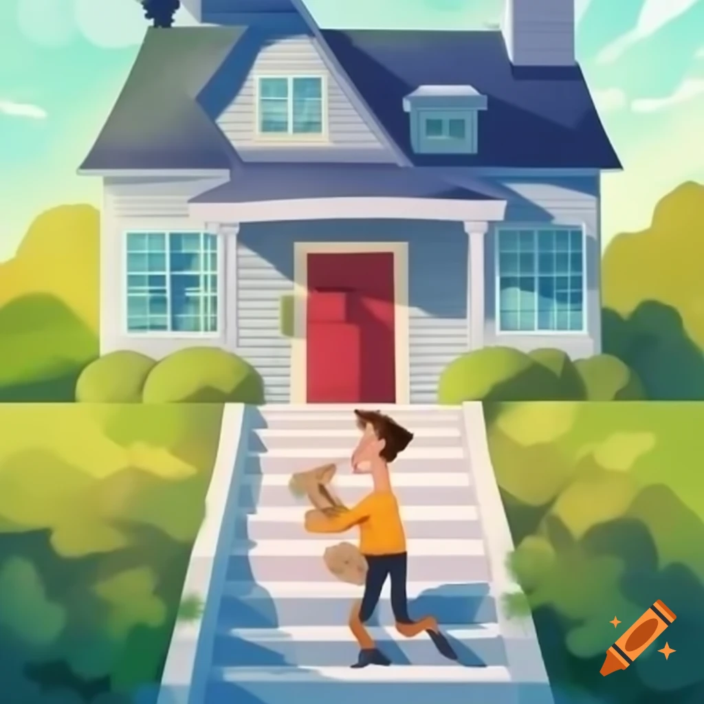 Father holding puppy on house stairs in cartoon style on Craiyon