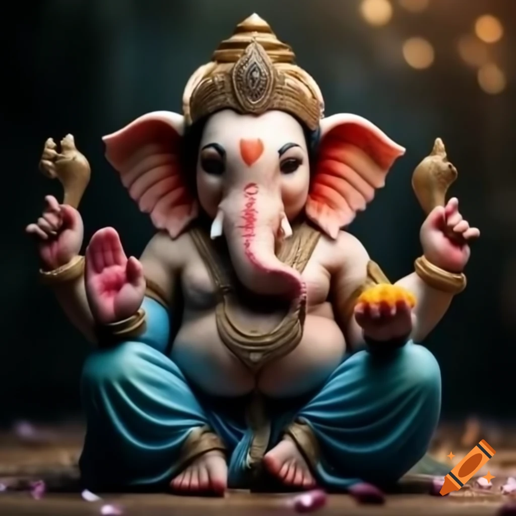 Hyper-realistic image of small Ganesh sitting on human thumb with gray ...