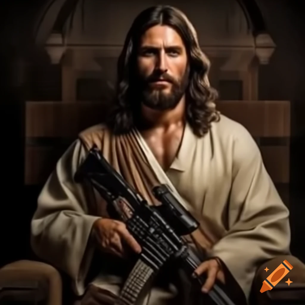 Unconventional portrayal of Jesus holding a rifle on Craiyon