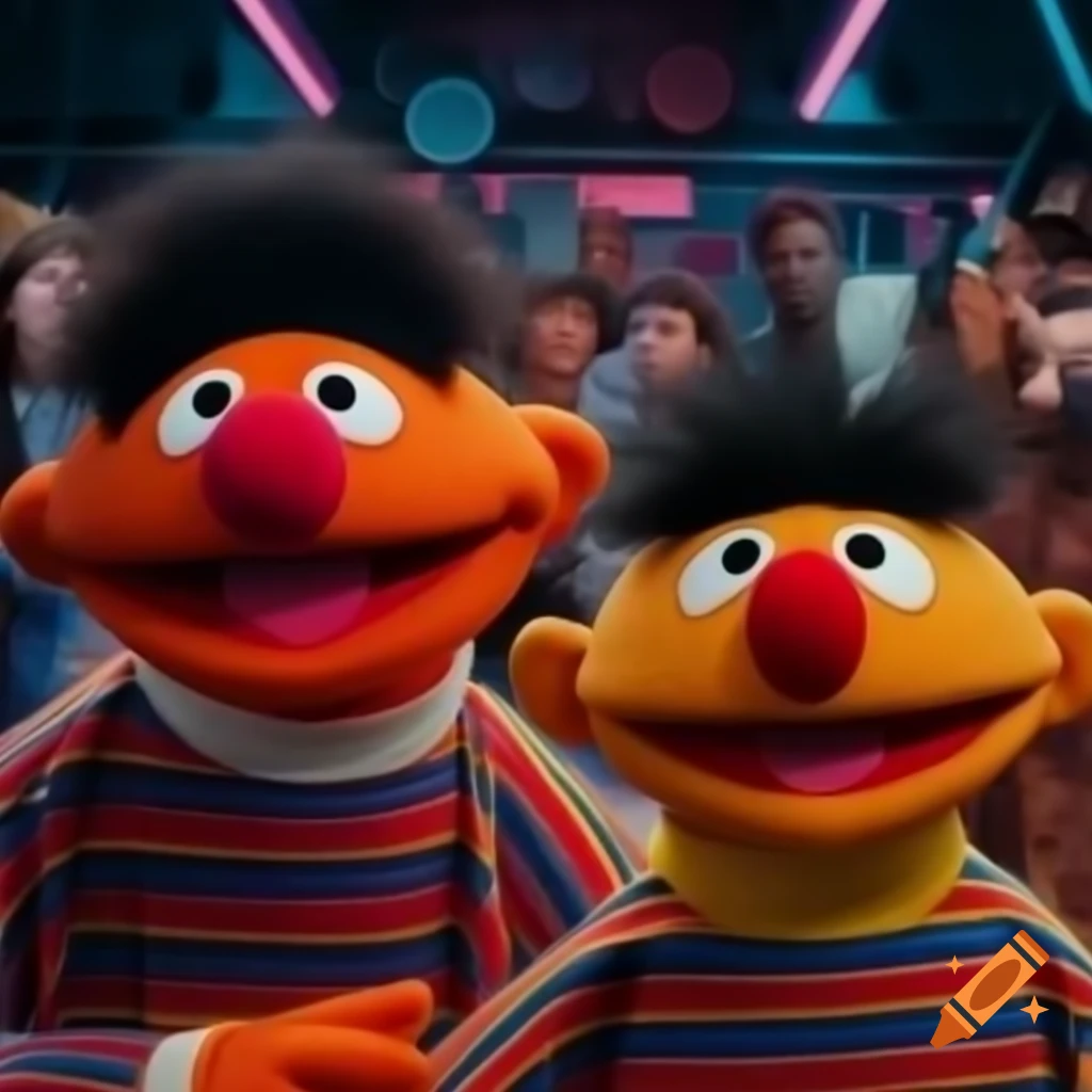 Bert and Ernie enjoying a techno party atmosphere on Craiyon