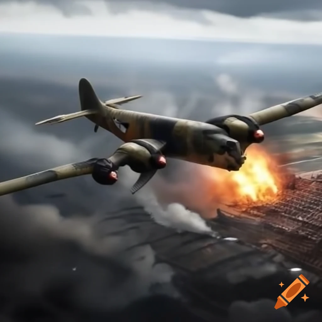 Ww2 stratosfortress nuclear bomber with burning berlin in background on Craiyon