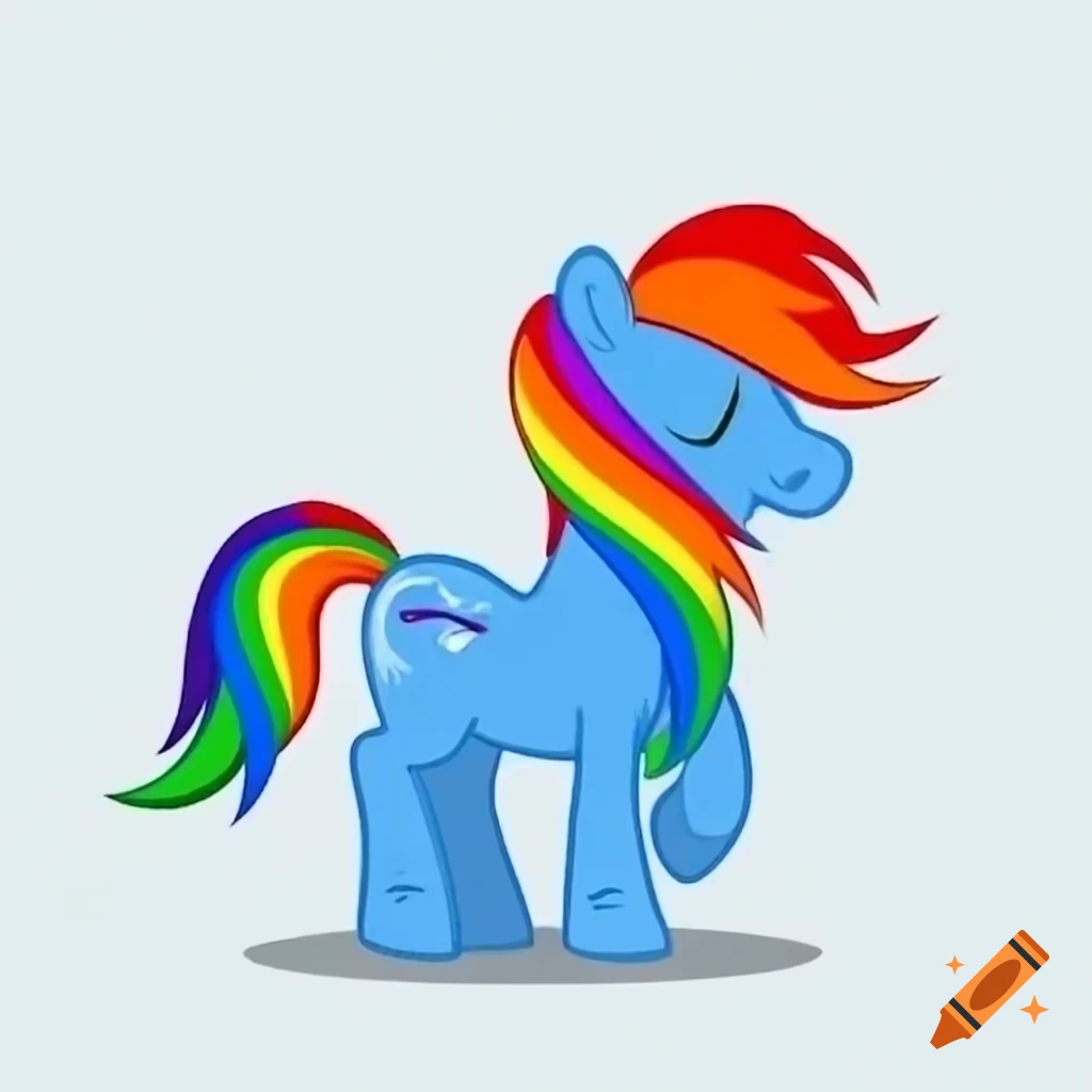 A cartoon pony with a rainbow mane and tail stands in front of a rainbow. on Craiyon