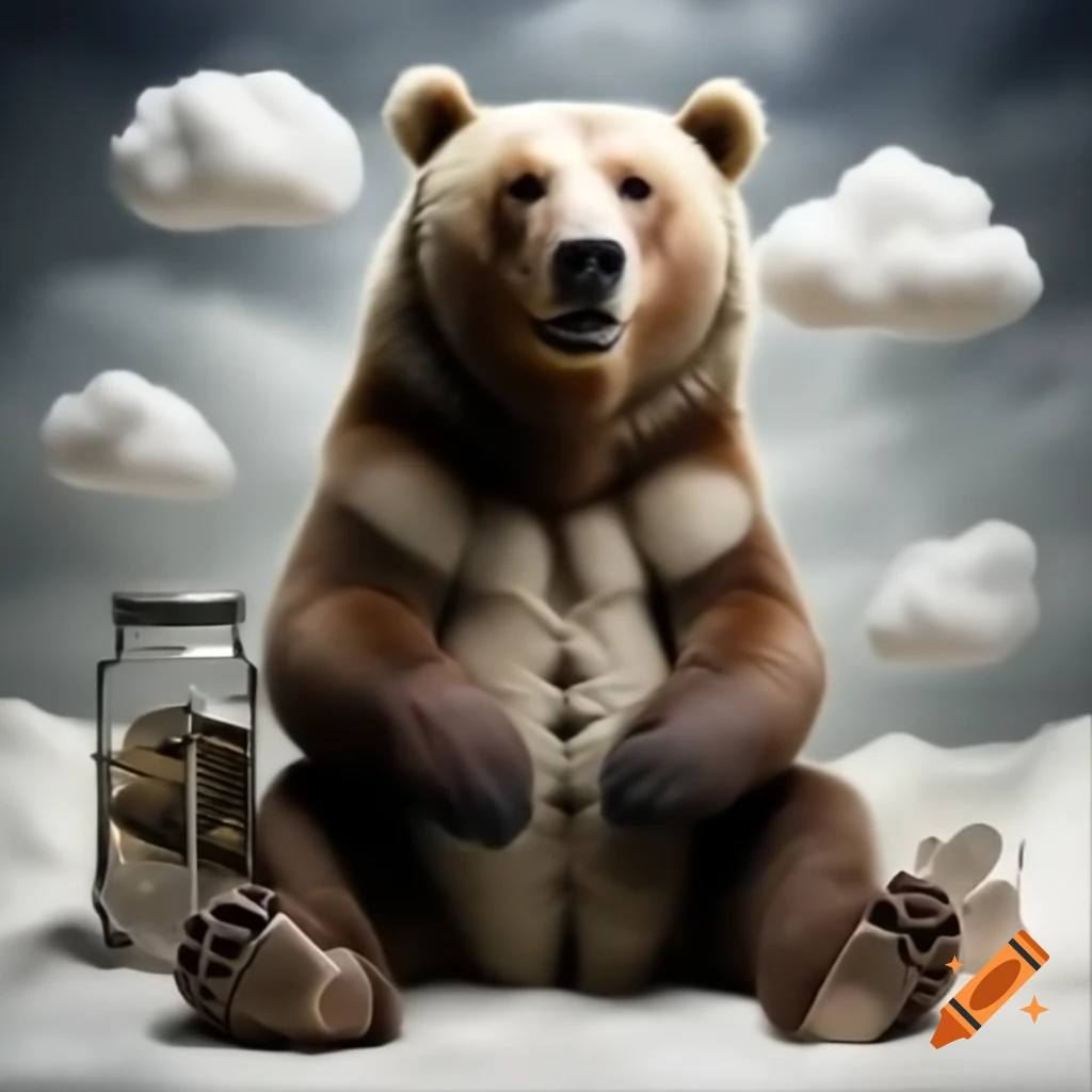Realistic bear sitting on clouds chewing a jar labeled 'nagins' with spilled contents on Craiyon