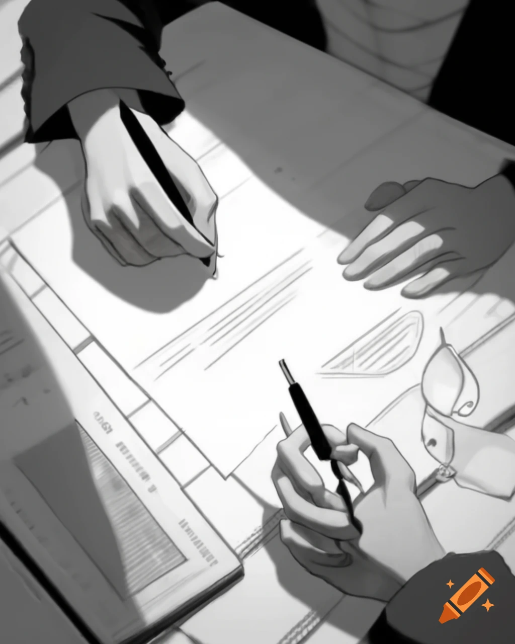 Digital artwork of two hands, one writing and one drawing on paper, in ...