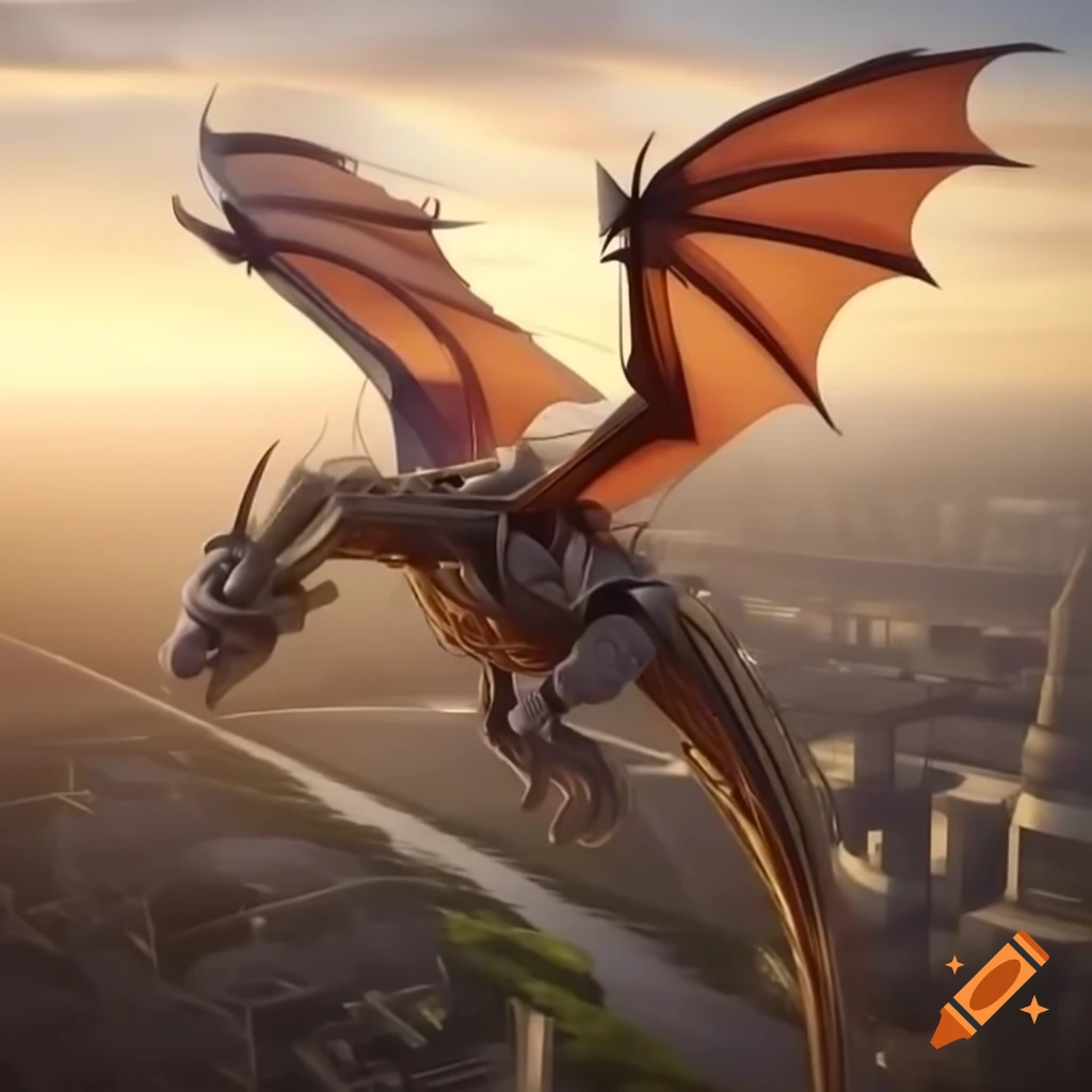 Mechanical dragon flying over London at sunrise on Craiyon