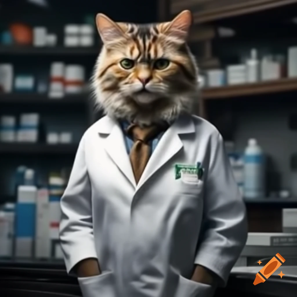 Intelligent cat pharmacist in front of pharmacy on Craiyon
