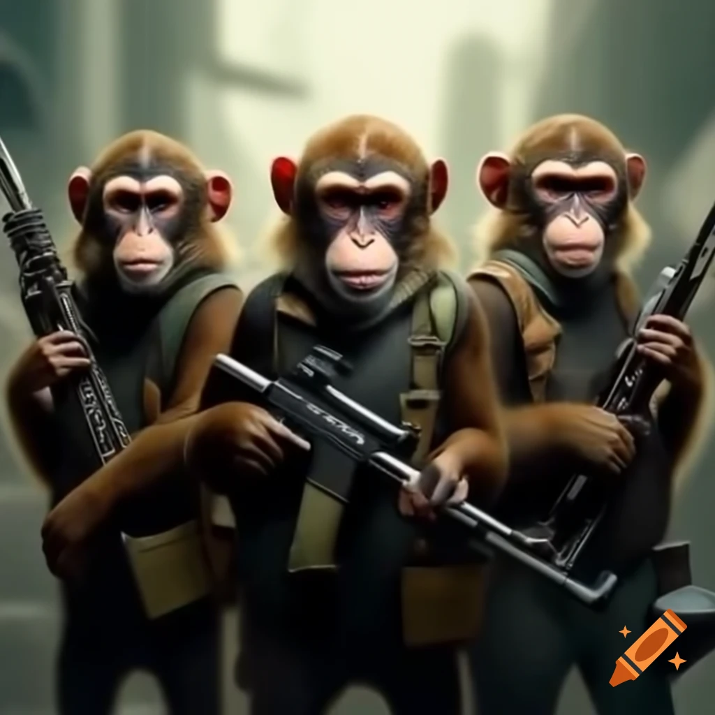 Three monkeys holding a rifle on Craiyon