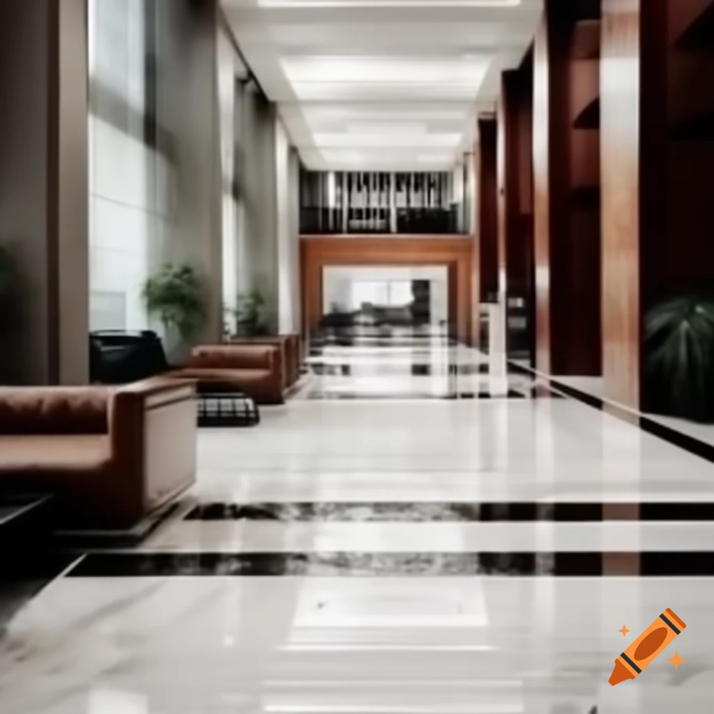 Marble lobby of an office complex with waiting area on Craiyon
