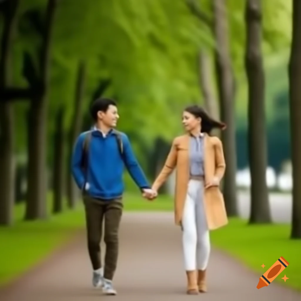 Couple walking hand in hand in the park on Craiyon