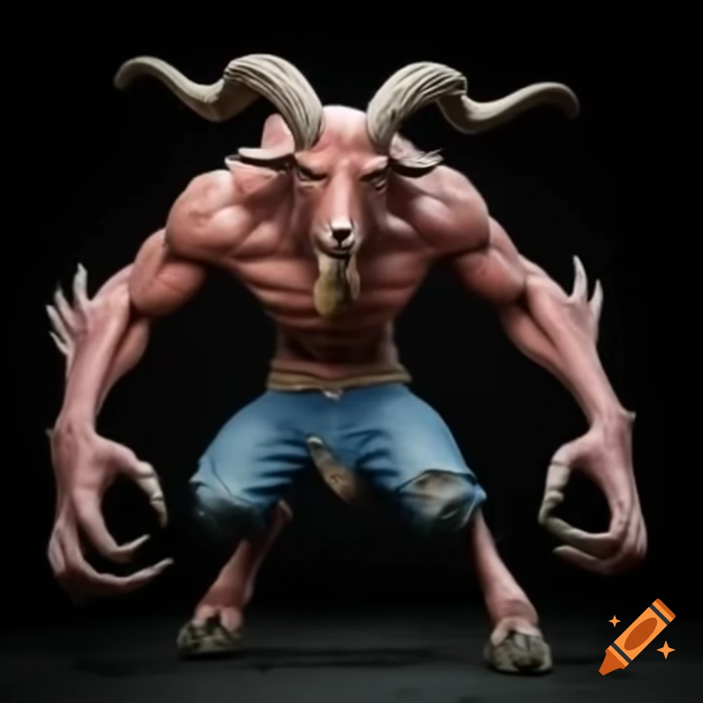 Realistic goat-headed demon with large horns and muscular build in blue ...