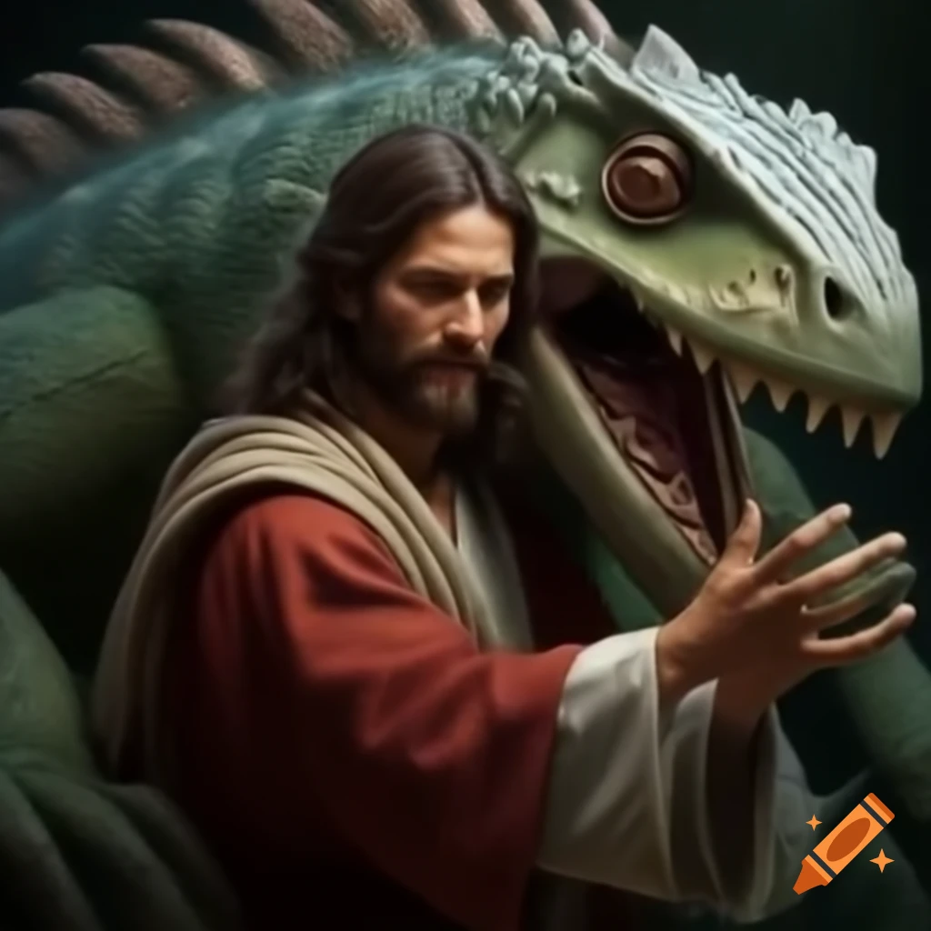 Jesus battling a giant lizard on Craiyon