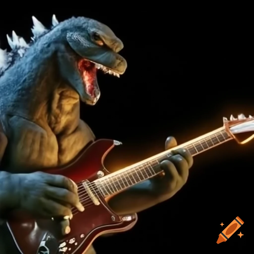 Godzilla performing electric guitar solo shooting lights on Craiyon