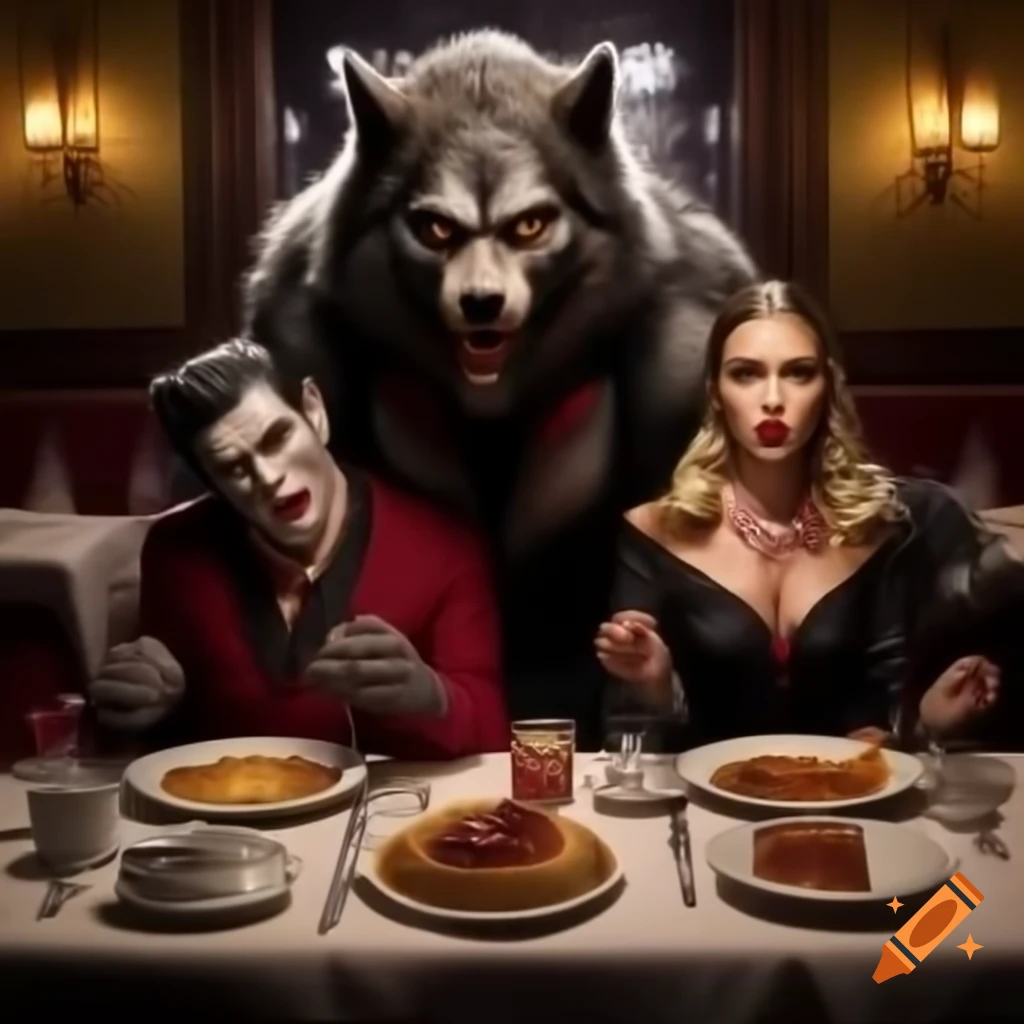 Werewolf and vampire on a date dining on shepherd's pie in a restaurant ...