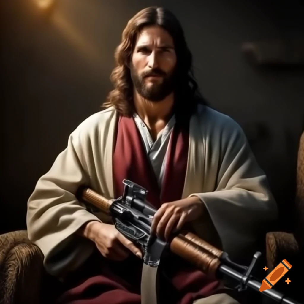 Unconventional portrayal of Jesus holding a rifle on Craiyon