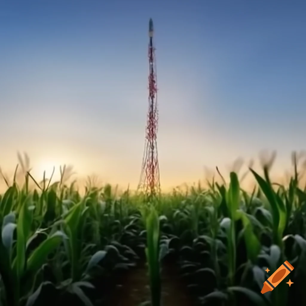 Am radio guyed tower in corn field at dusk on Craiyon