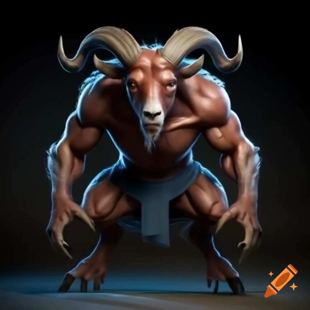 Realistic goat-headed demon with large horns and muscular build in blue ...