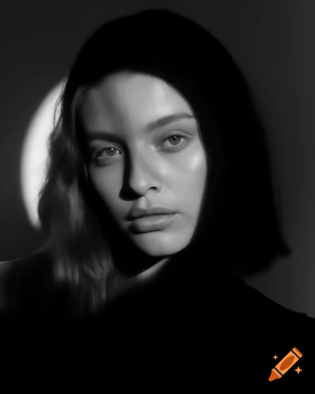 Black and white portrait of a young woman with cute face and hard ...