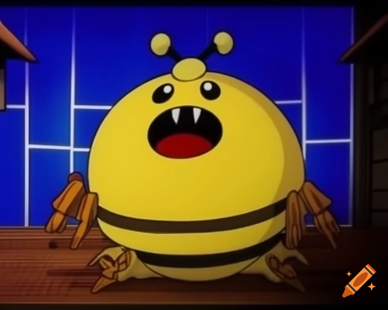 Cute inflatable anthro bee creature with glowing eyes inside hive home ...