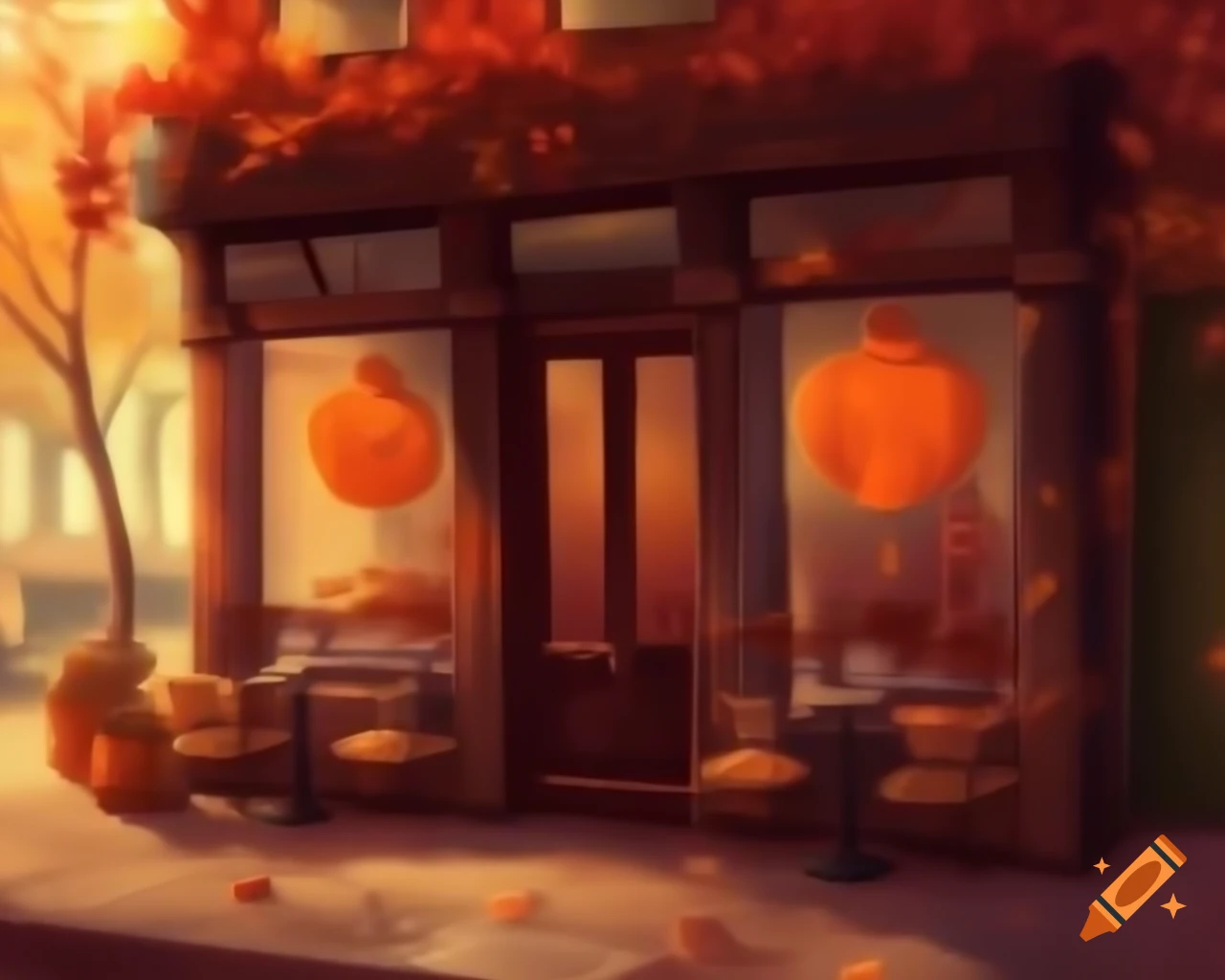 Warm and inviting café decorated with autumn foliage and sunlit windows ...