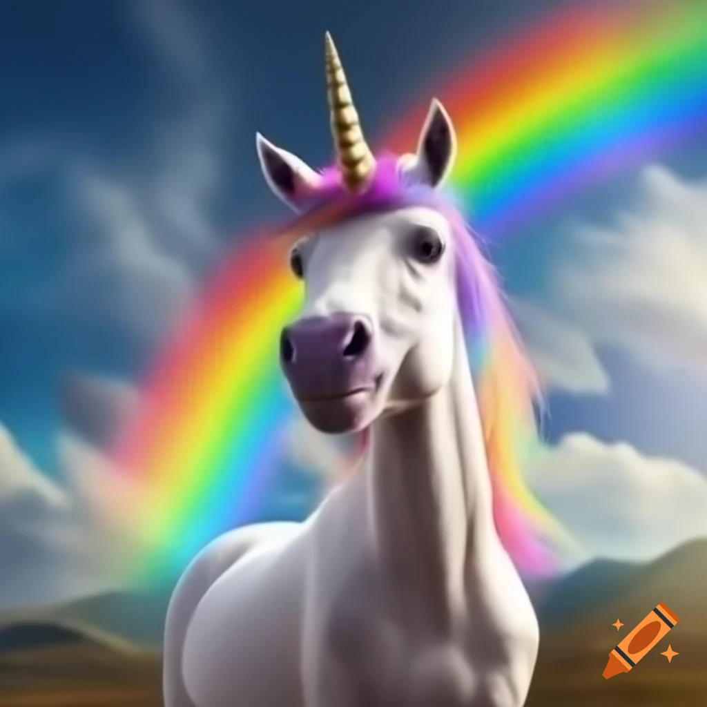 Unicorn standing in front of a colorful rainbow on Craiyon