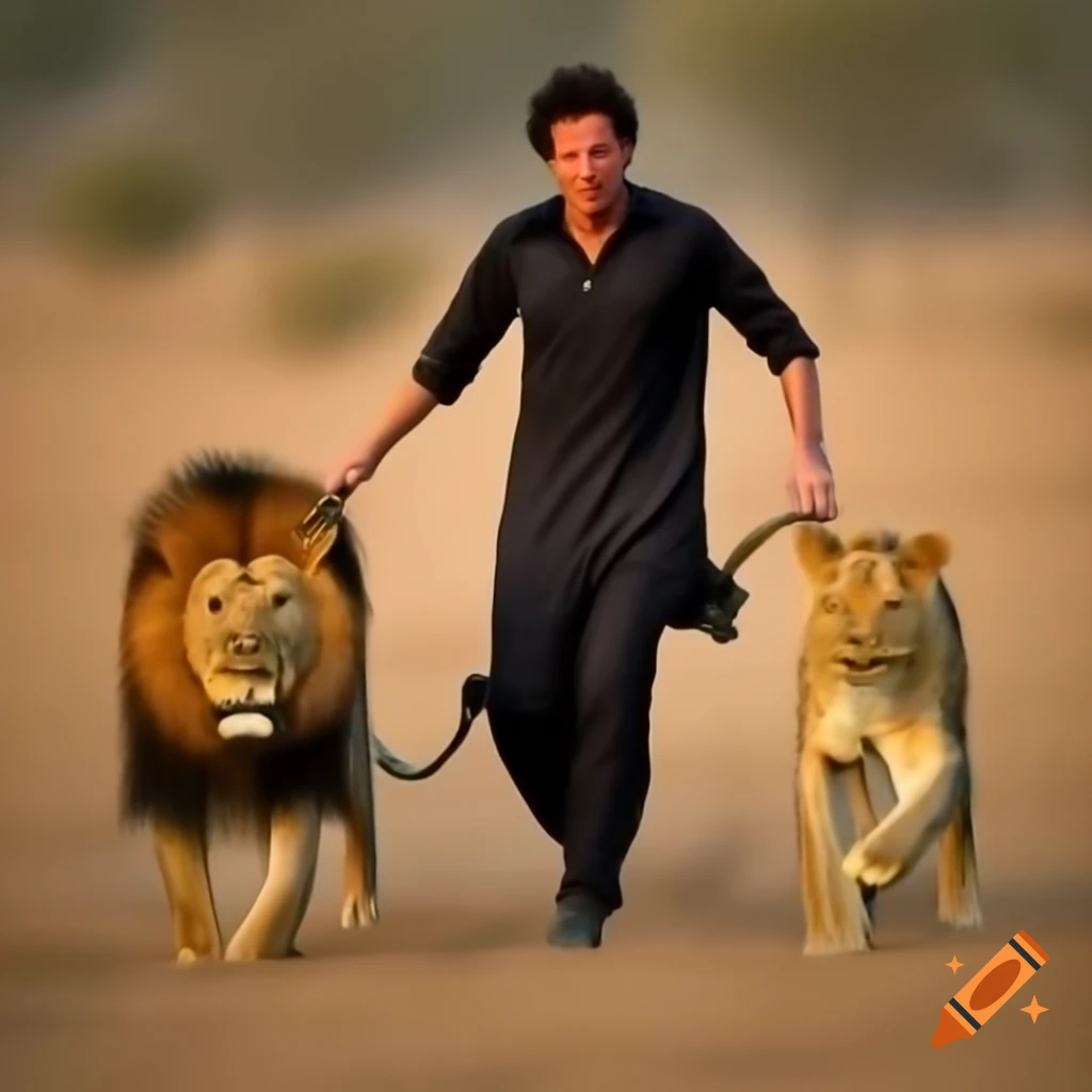 Imran khan interacting with a lion on Craiyon