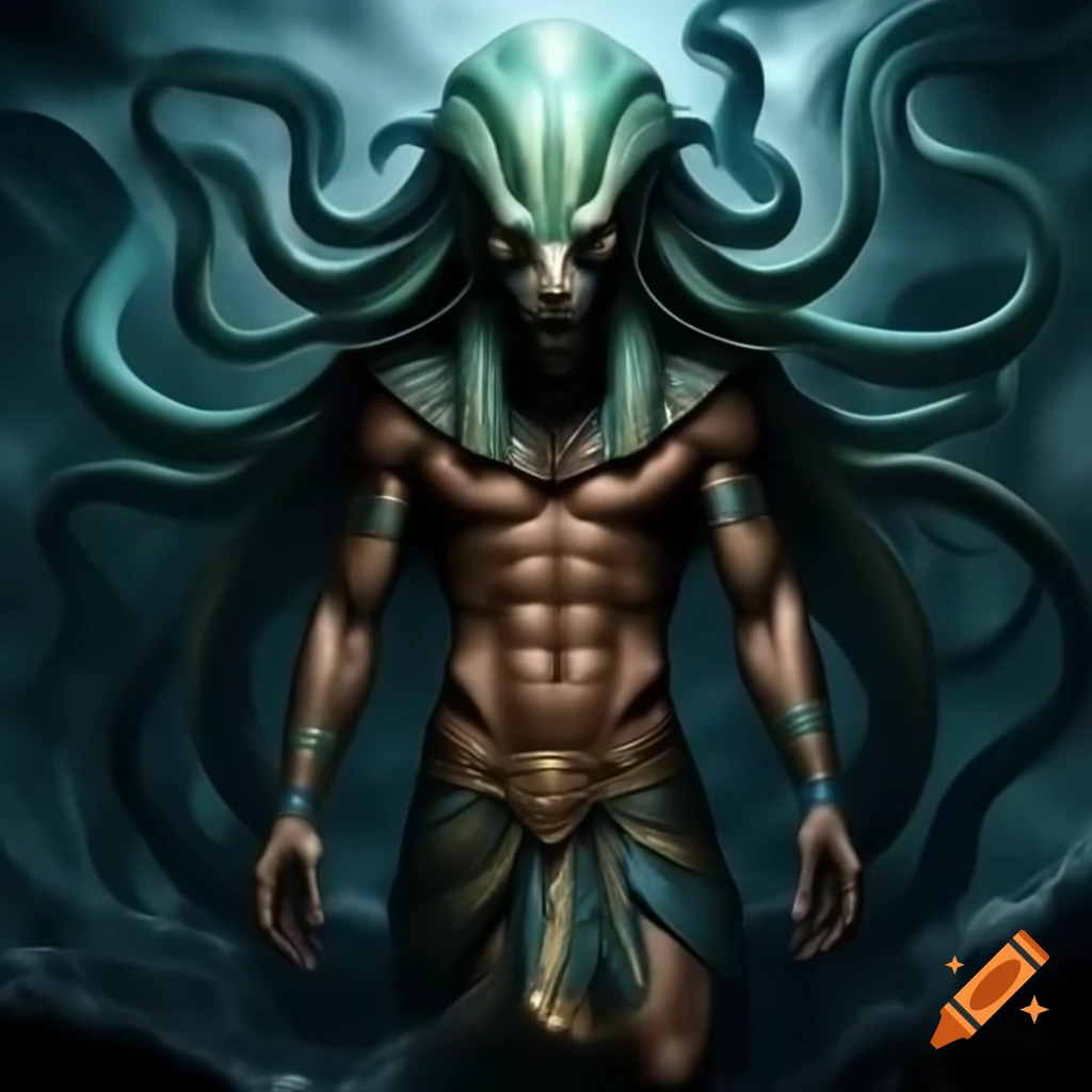 Egyptian god with squid head in modern clothing over stormy ocean on Craiyon