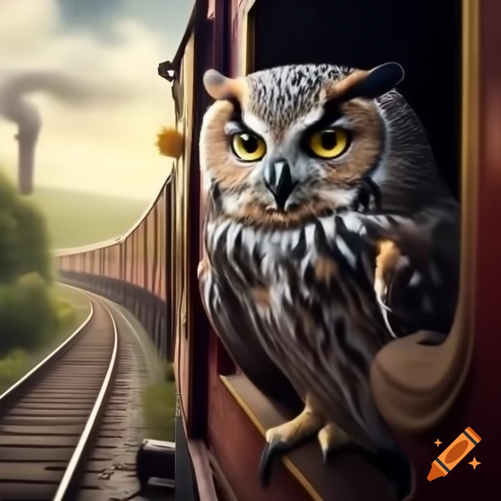 Owl perched on a steam train on Craiyon