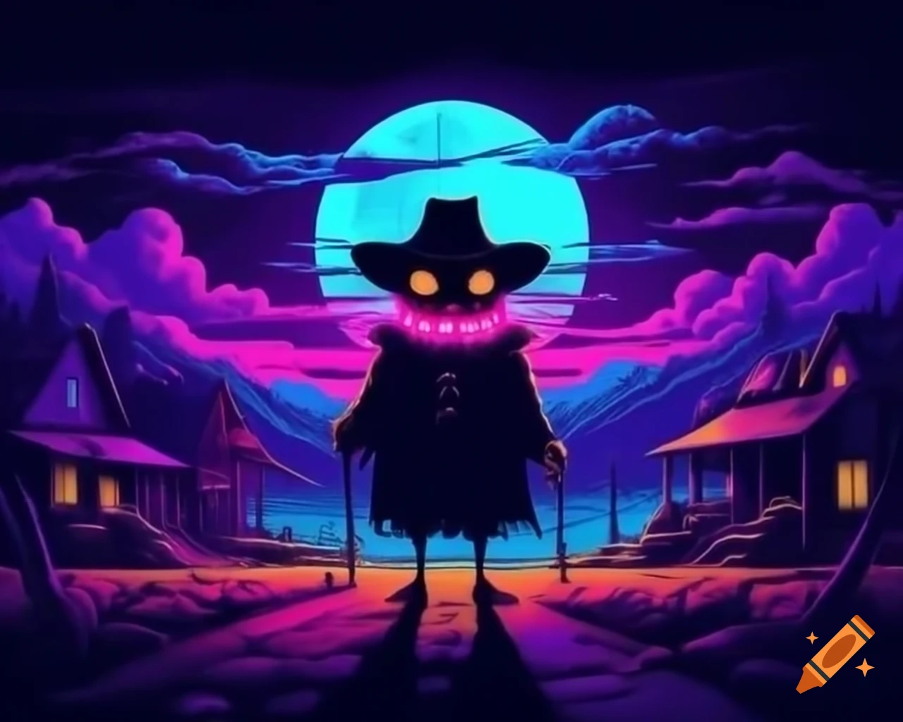 Creepy moon with sharp teeth looming over village in neon colors on Craiyon