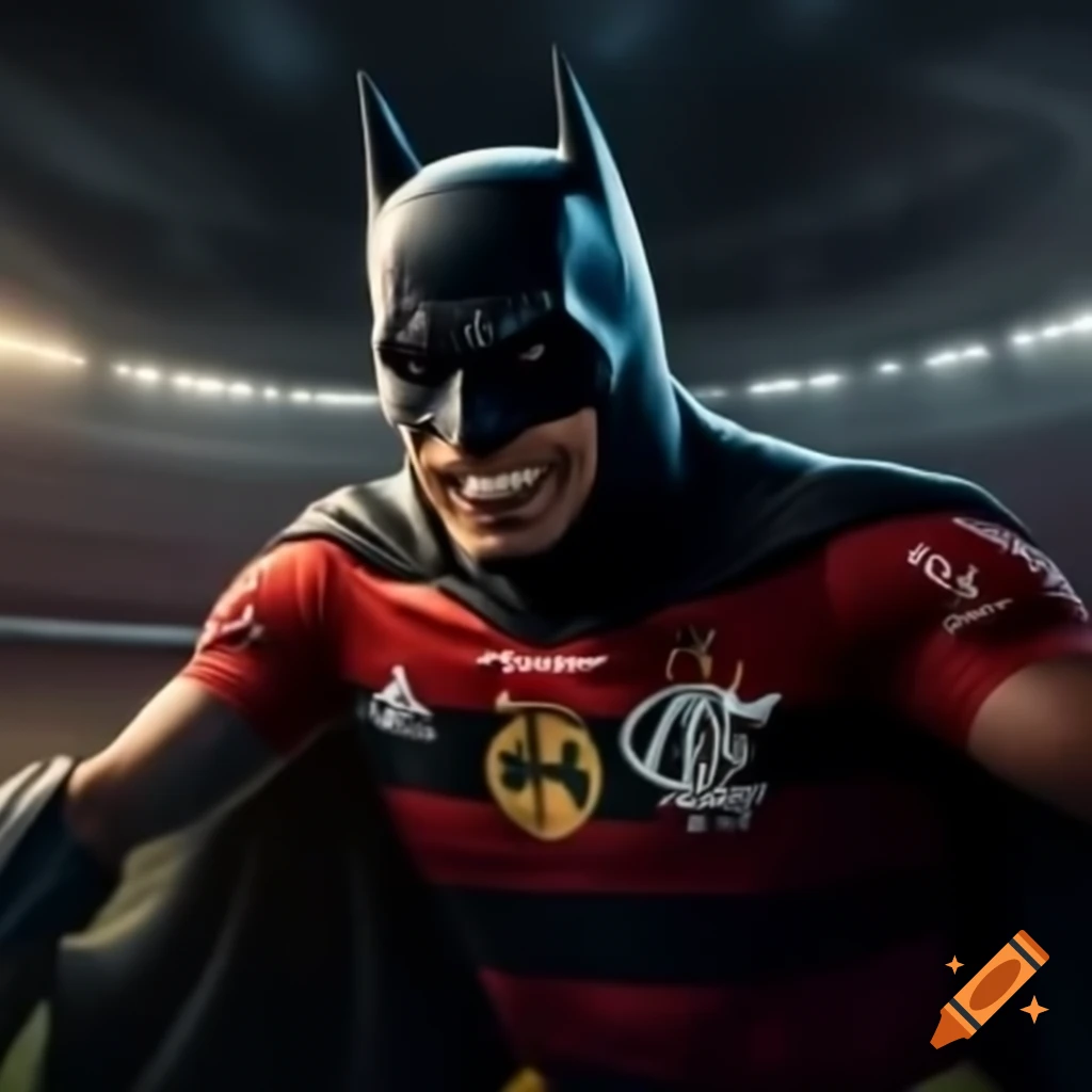 Batman celebrating in a Flamengo shirt at a stadium on Craiyon