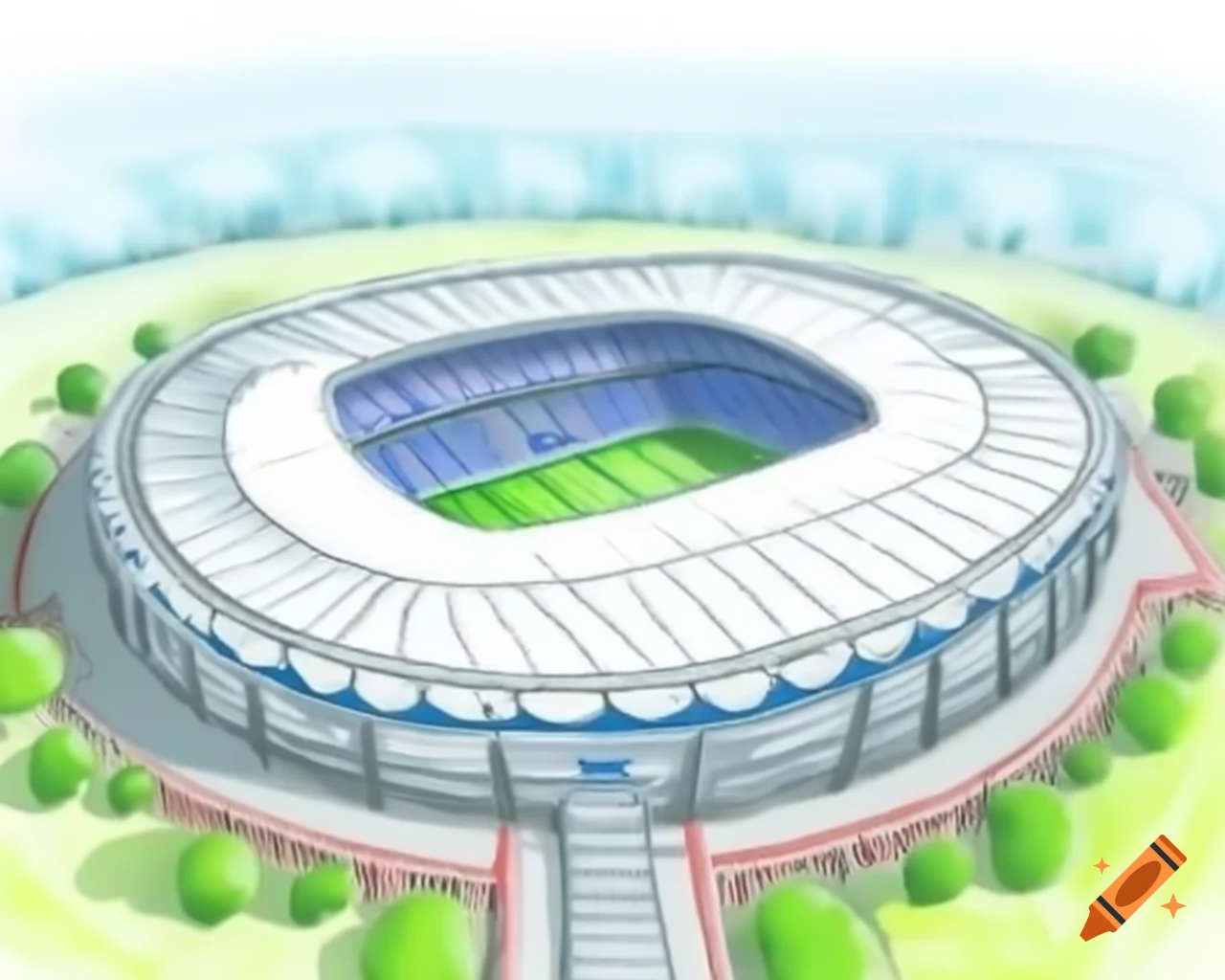 Vast football stadium at twilight with onlookers in bustling English ...