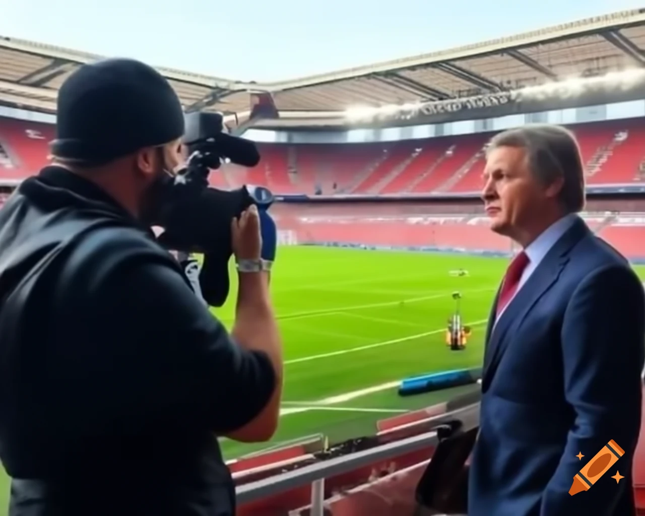 Reporter interviewing with cameraman outside football stadium on Craiyon