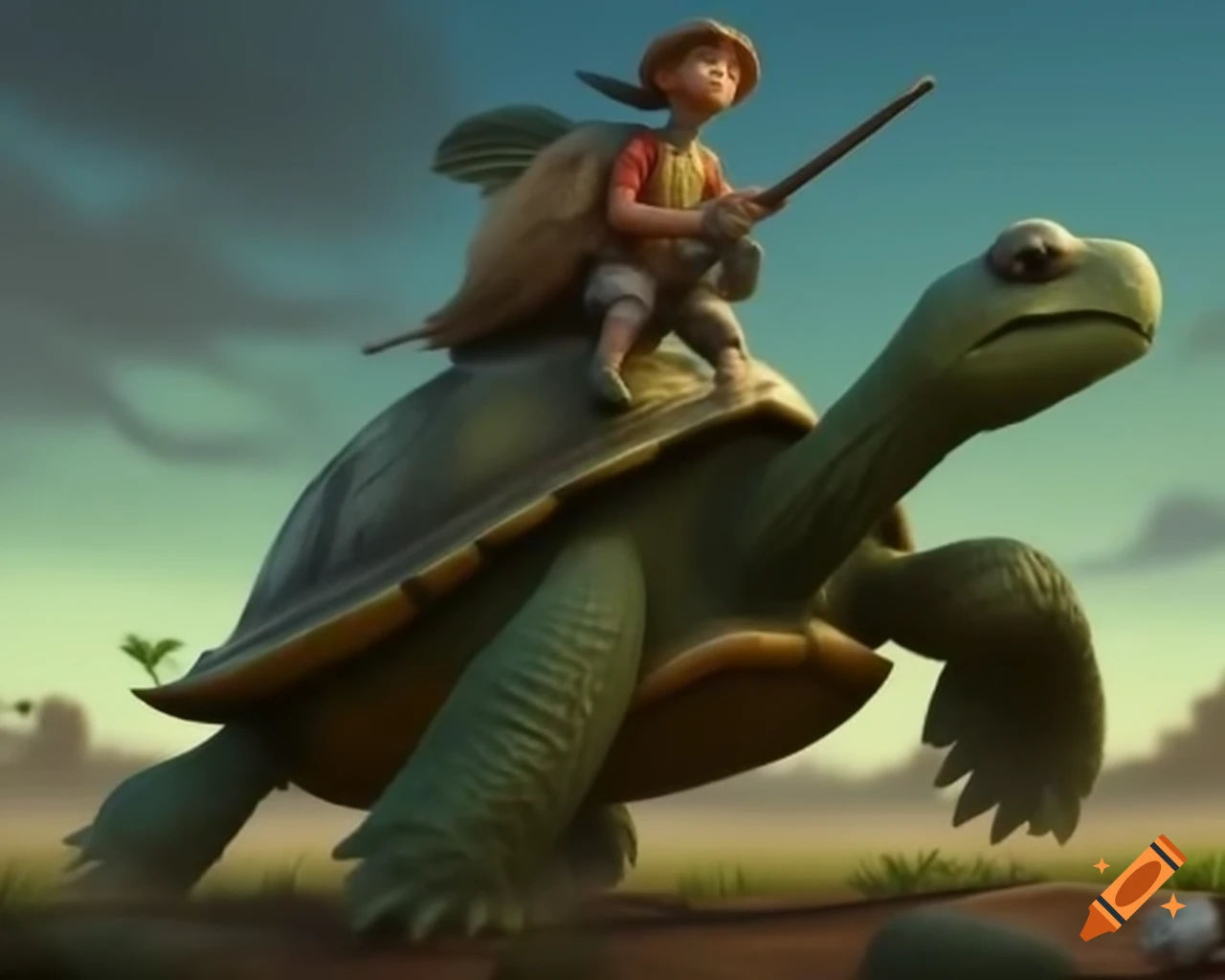 Turtle riding a giant horse in a whimsical scene on Craiyon