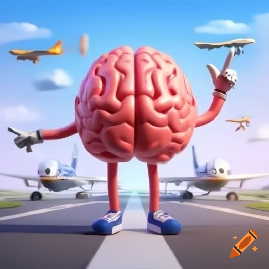 Colorful cartoon brain striking a pose on dazzling airport runway on ...