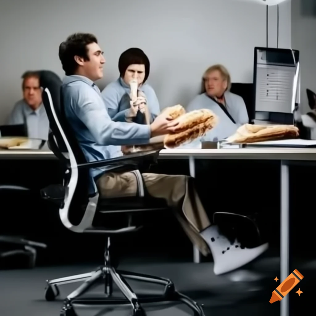 Employee relaxing with feet on desk and sandwich in busy office ...
