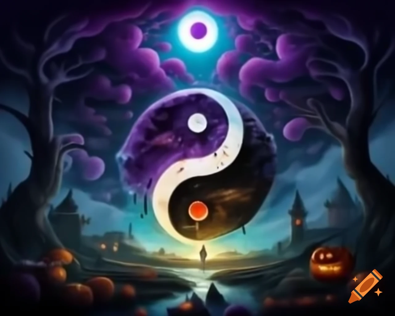 Surreal fantasy illustration in halloween theme with yin and yang ...
