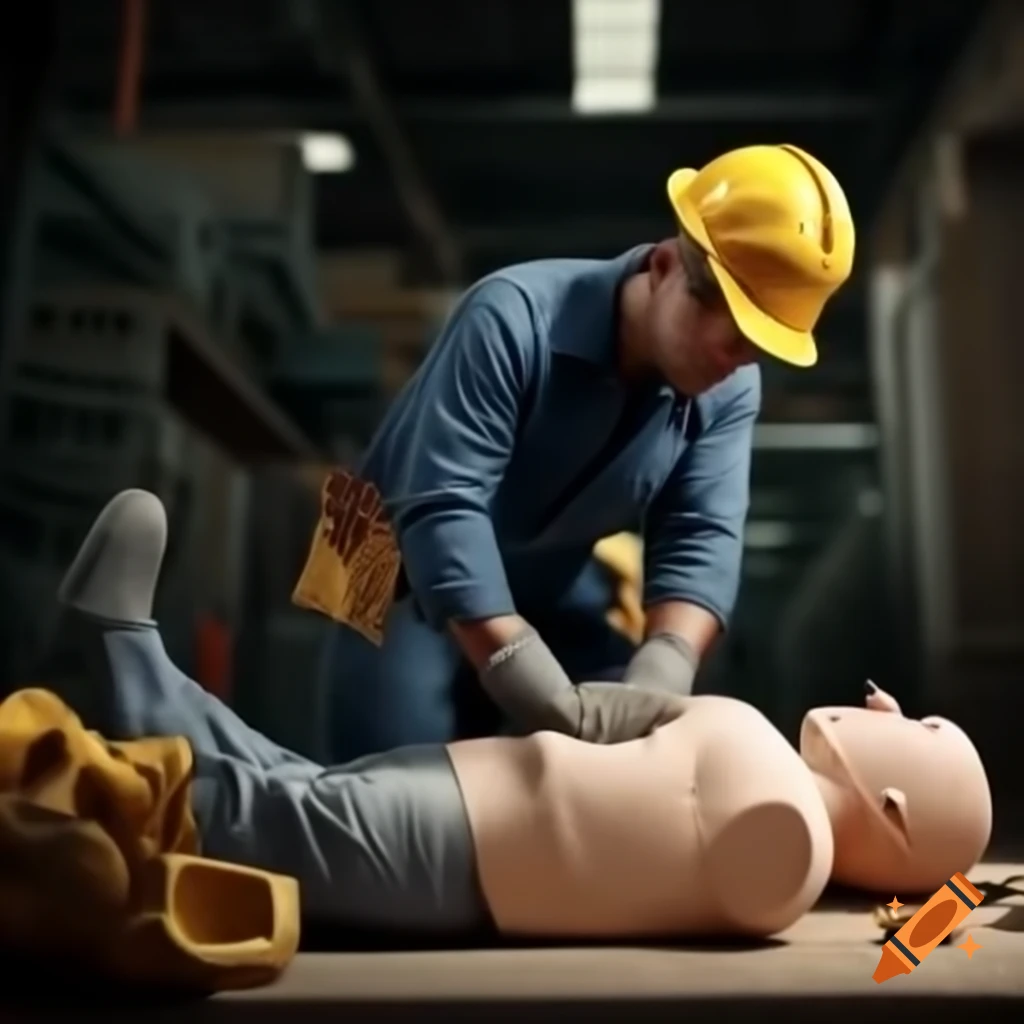 Factory worker performing cpr on colleague with safety equipment on Craiyon