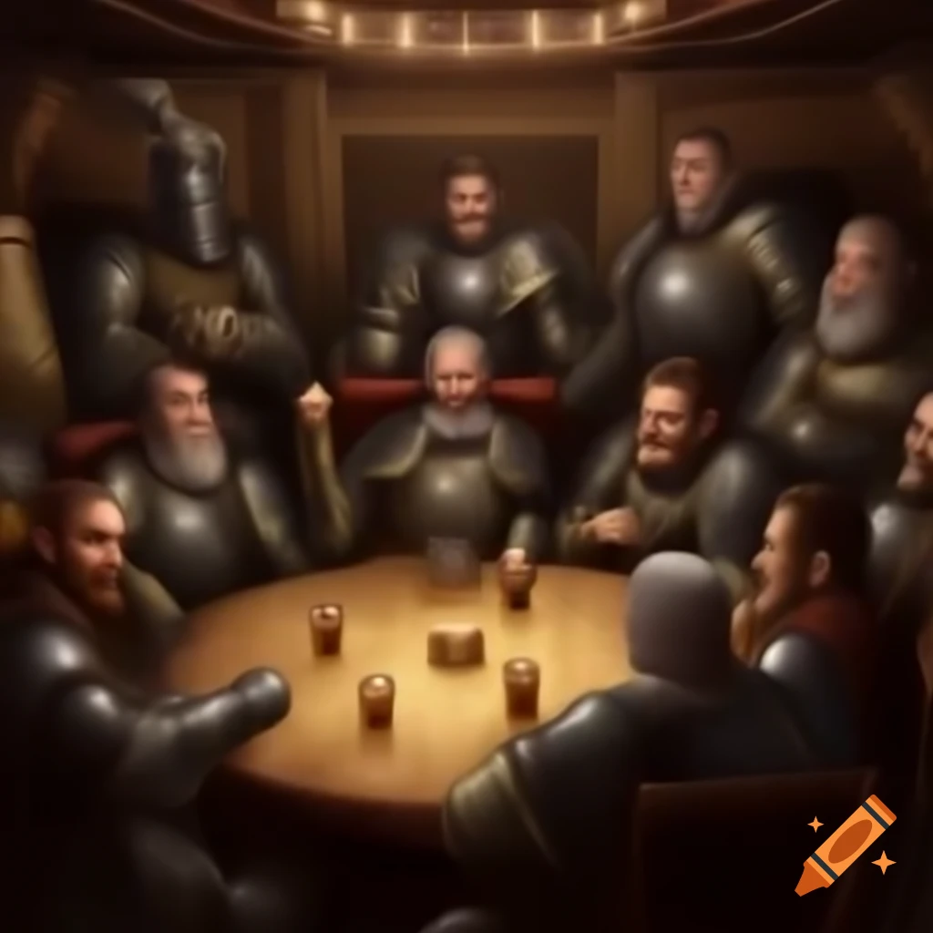 Knights of the Round Table gathered around discussing and enjoying ...