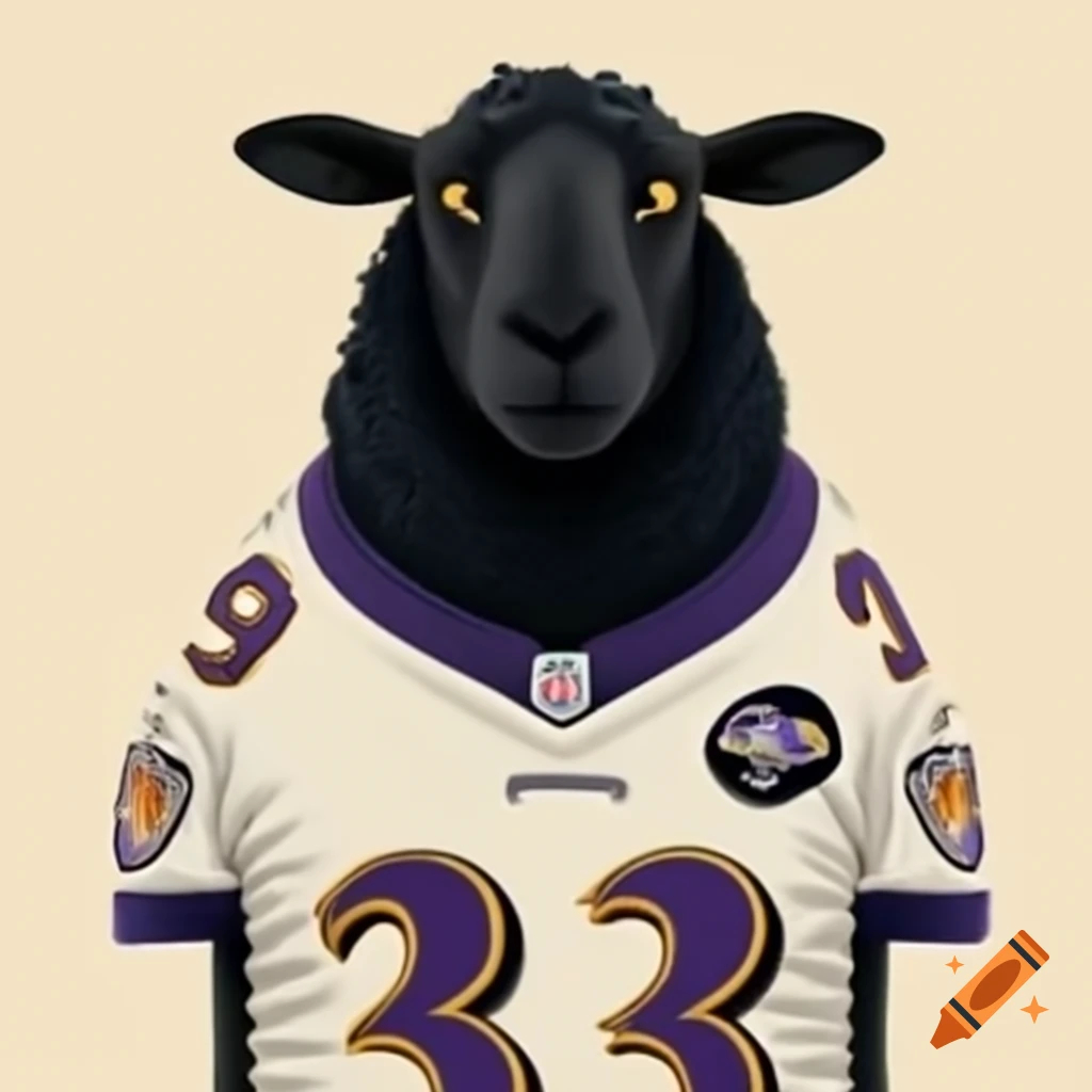 Cartoon of black sheep wearing Baltimore Ravens jersey on Craiyon