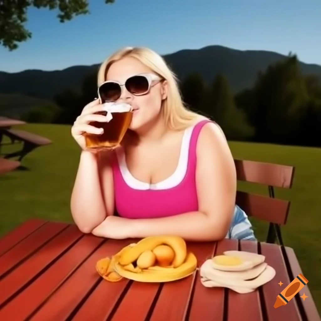 Blonde woman in tank top and shorts smiling at picnic table with beer on Craiyon