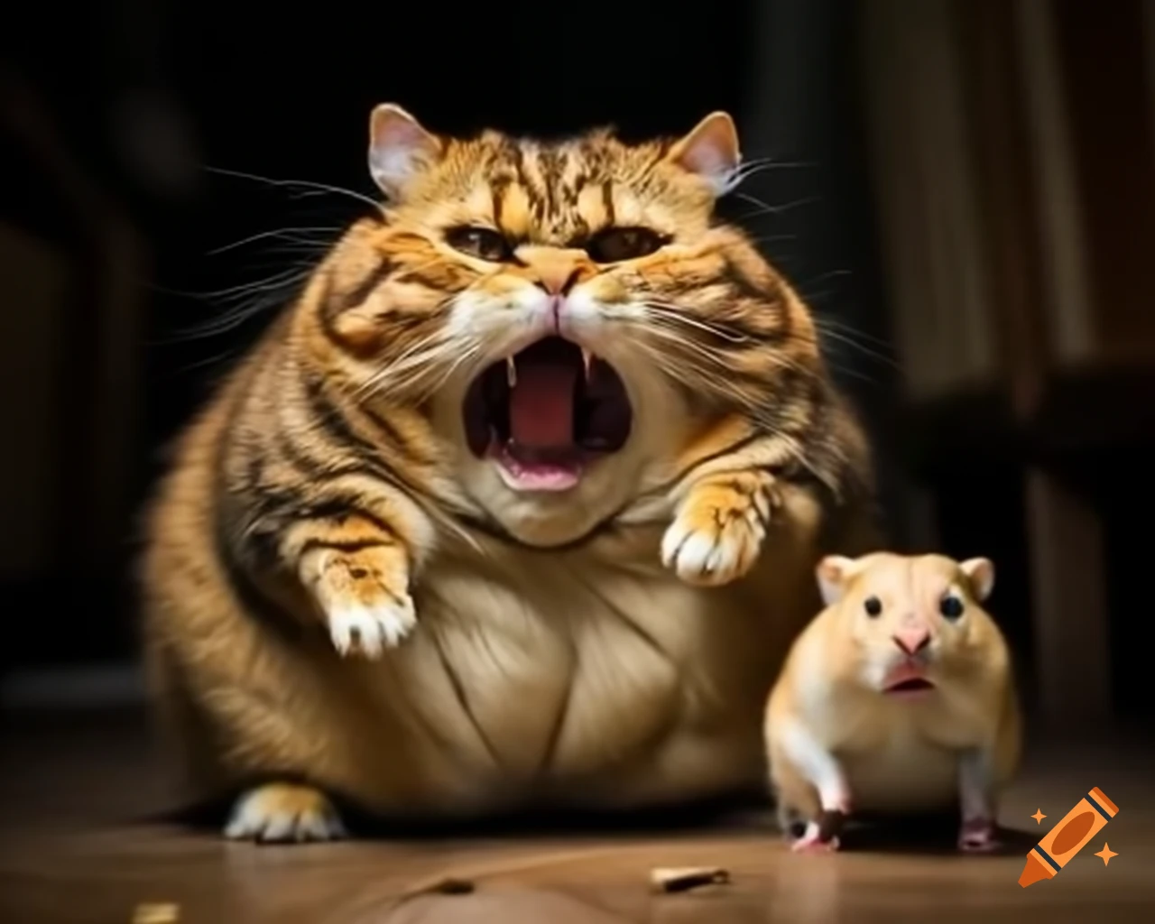 Fat cat yelling at a sad hamster on Craiyon