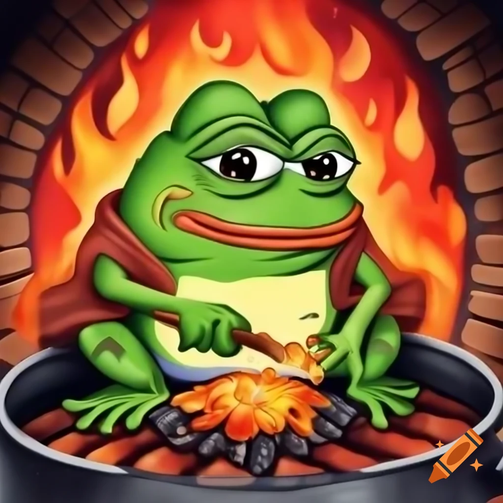 Pepe frog cartoon character appearing roasted over a fire on Craiyon