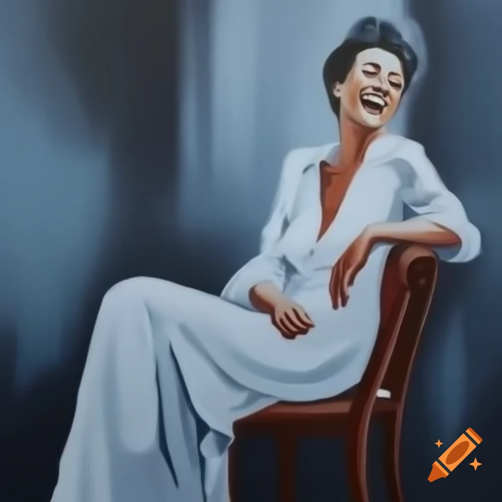 Acrylic painting of a classy woman laughing while sitting on a chair in ...