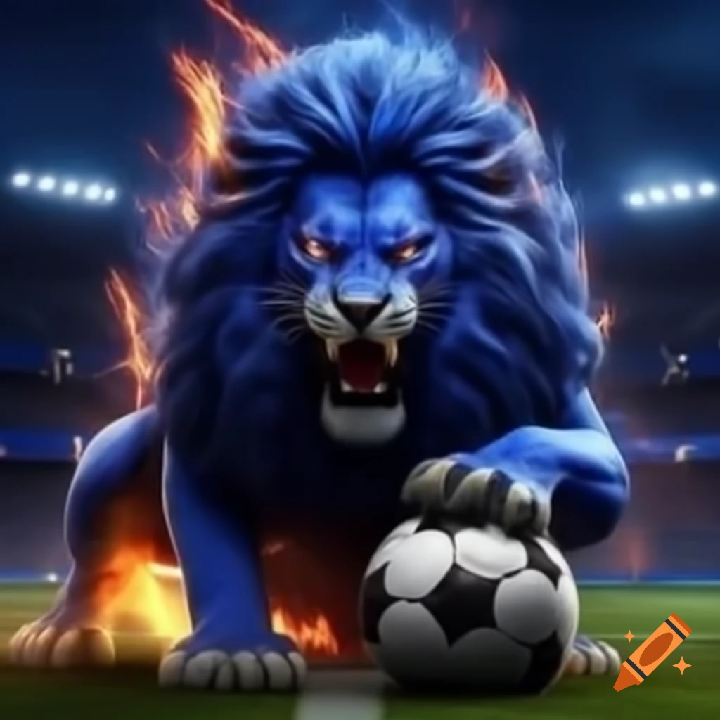 Blue lion crouching with fiery football, symbolizing Chelsea FC's power ...