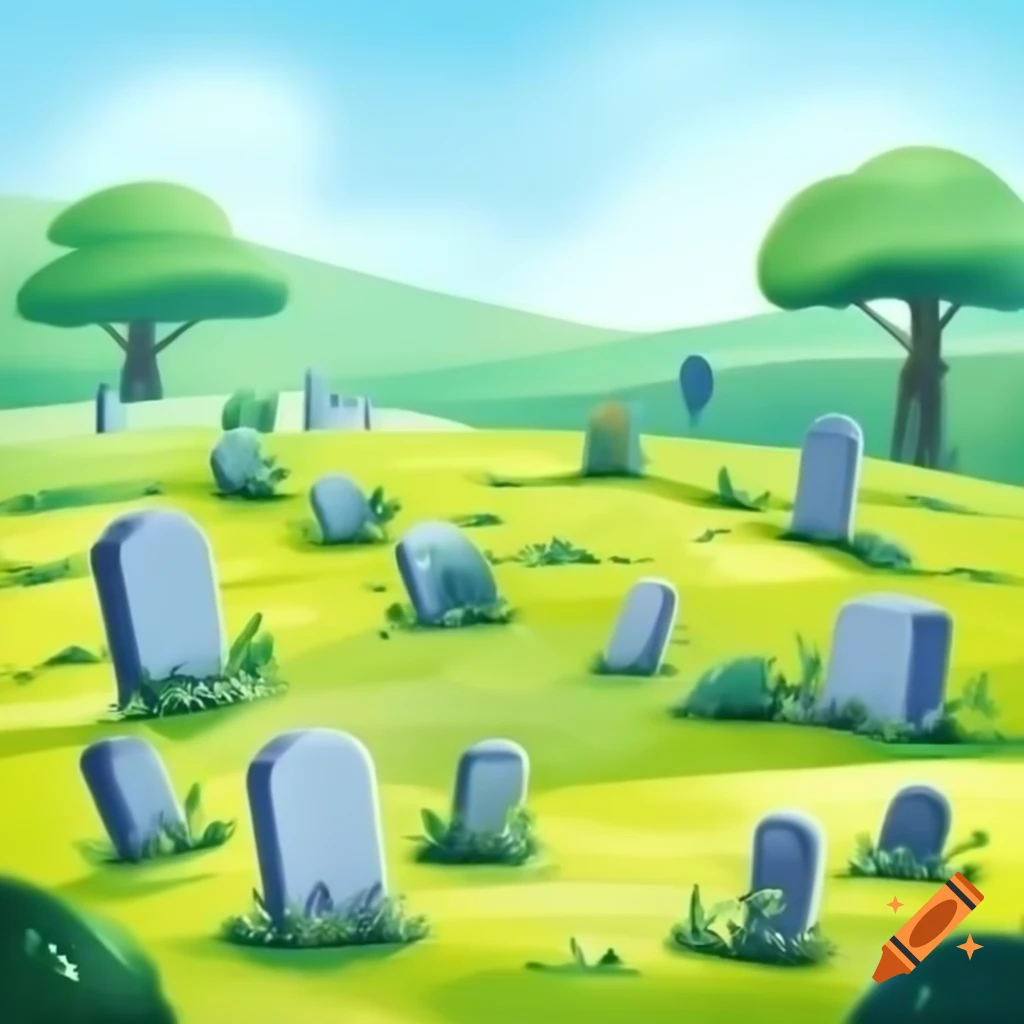 Cartoon tombstones and mausoleums in green field, whimsical scene on ...