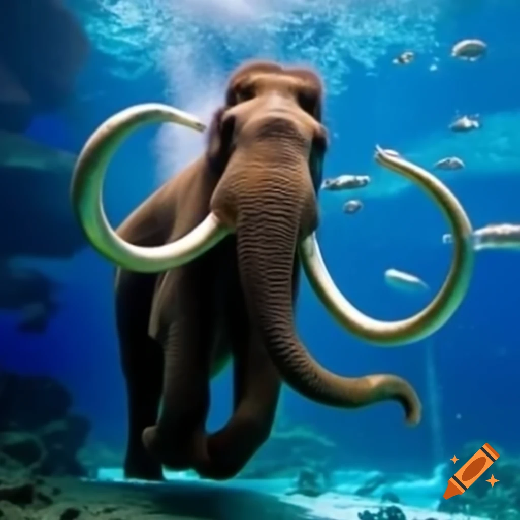 Woolly mammoth swimming underwater in aquarium on Craiyon