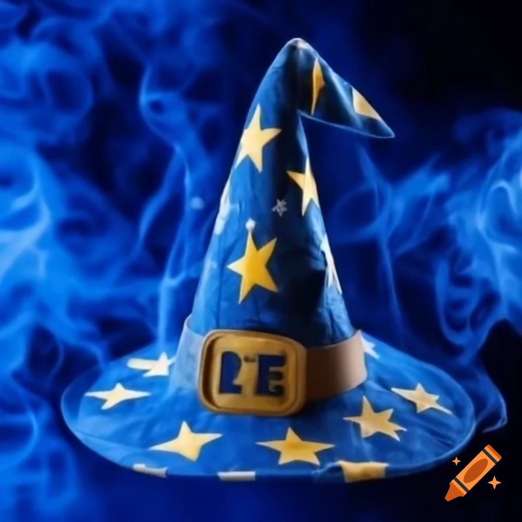 Old wizard hat with stars and blue smoke, featuring white banderoll ...