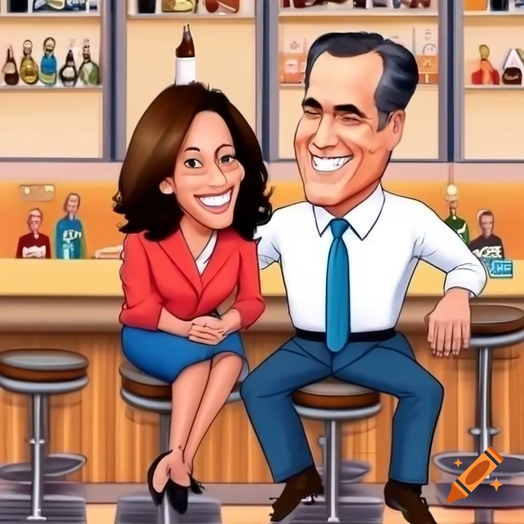 Cartoon depicting Kamala Harris and Mitt Romney sitting at a bar on Craiyon
