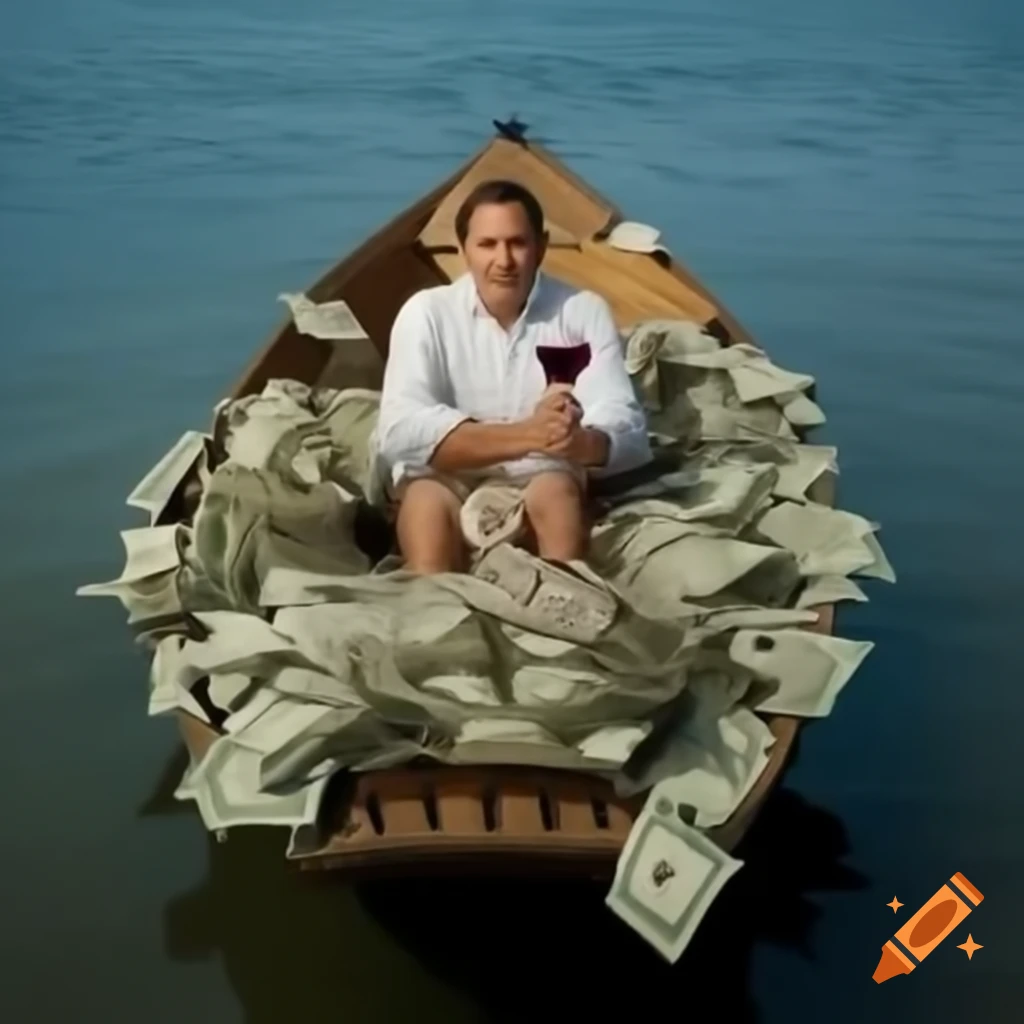 Rowboat filled with money and wine, man smiling at the front on Craiyon