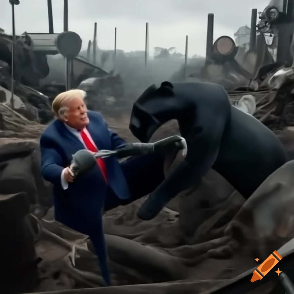 Trump confronted by thirteen black panther cats in a junkyard setting ...