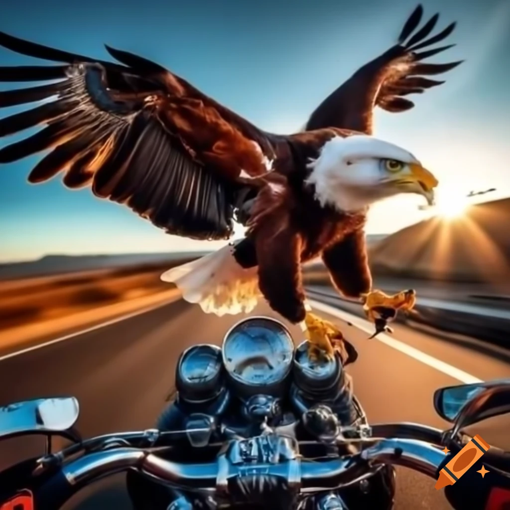 Eagle riding on motorcycle along sun-drenched highway on Craiyon